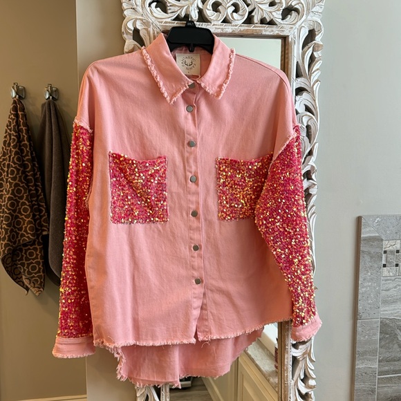 Fantastic Fawn | Tops | Pink Denim And Sequin Shirt S | Poshmark